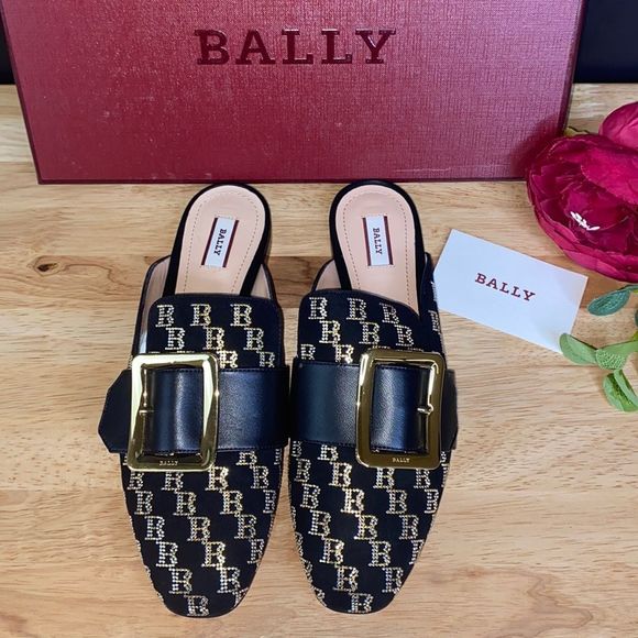Bally | Shoes | Ballyblack And Gold Janesse Logostud Buckled Mules ...